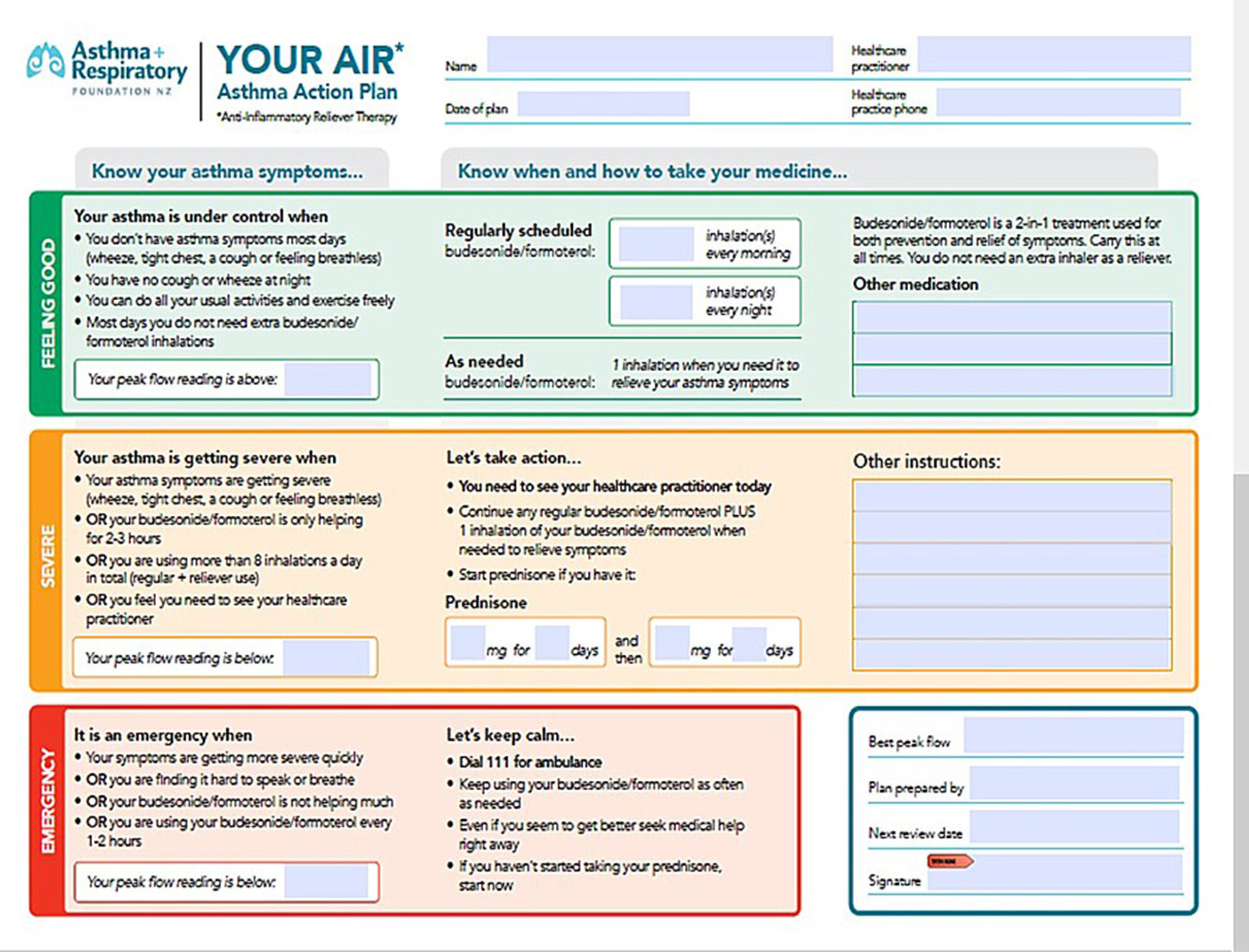 Personal Asthma Action Plan The ICS/Formoterol Reliever Therapy Regimen ...